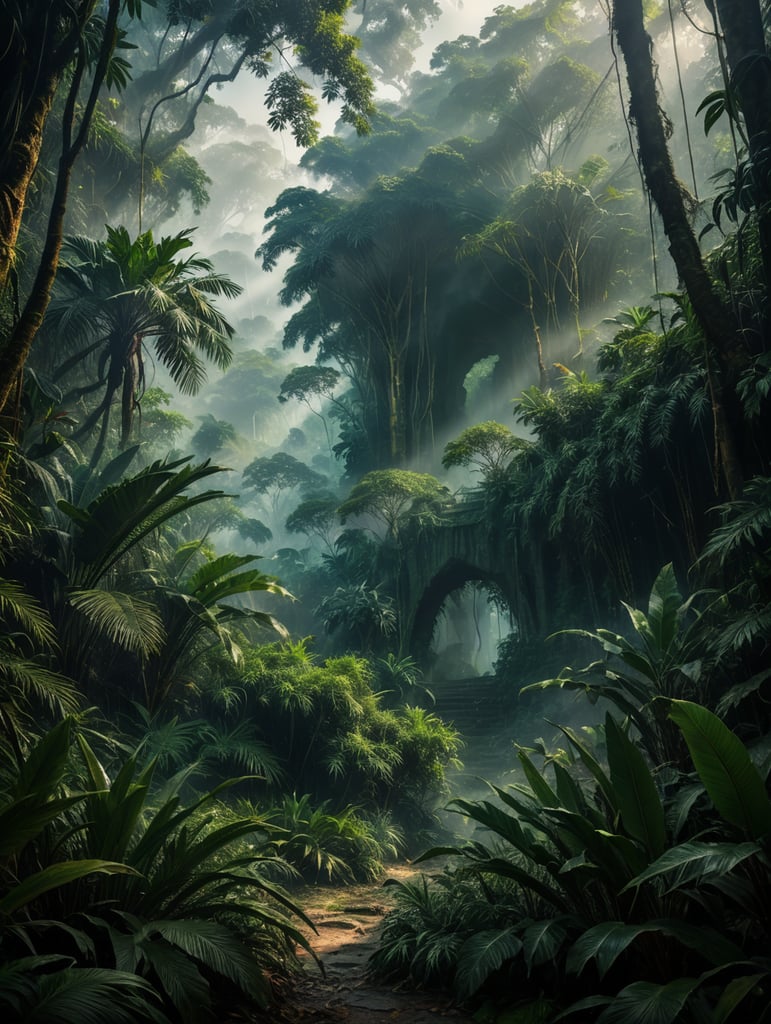 Premium Free ai Images | digital painting style jungle with misty atmosphere conceptual ...