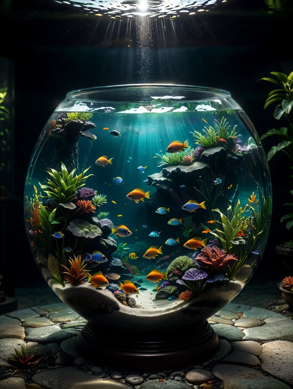 Premium Free ai Images | round fish bowl with very bright tropical fish ...