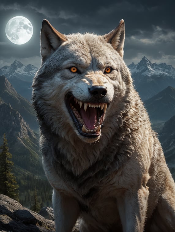 Premium Free ai Images | oskal volka na fone gor nocʹpod svet luny