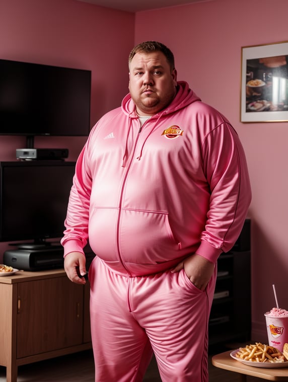 Premium Free ai Images | very fat man in tracksuit eats fast food and ...