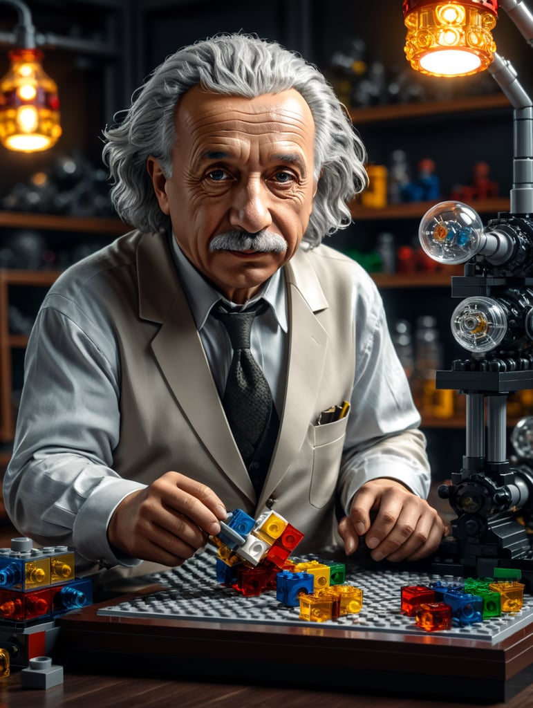 Premium Free ai Images | albert einstein in lab with some lego bricks ...