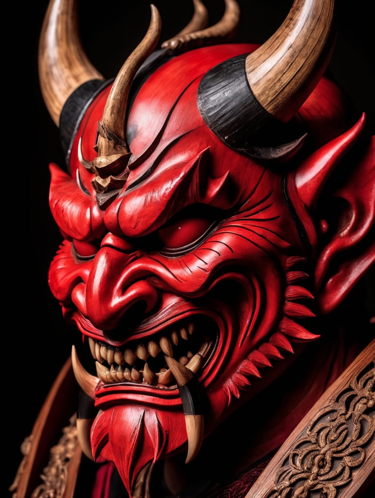Lumenor AI Image Generation - wooden red japanese demon mask with fangs ...