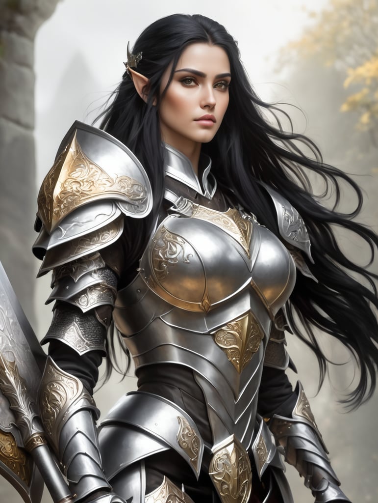 Premium Free ai Images | beautiful elf paladin with hazel eyes and long black hair carrying her ...