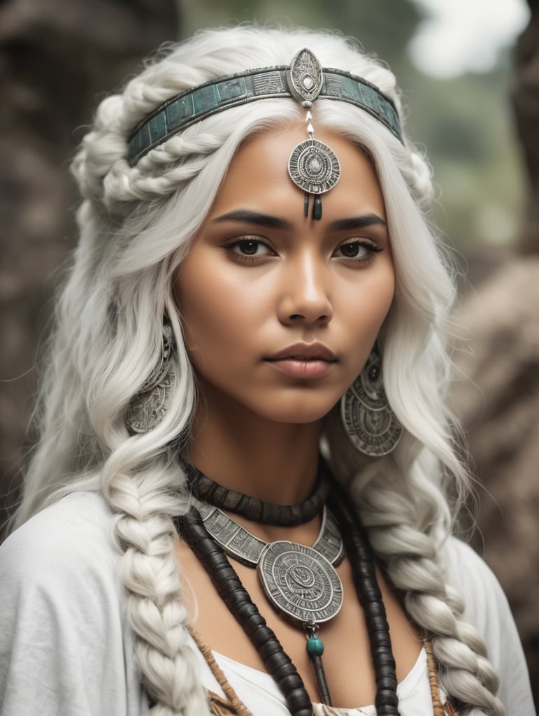 Premium Free ai Images | young beautiful mayan priestess with white hair