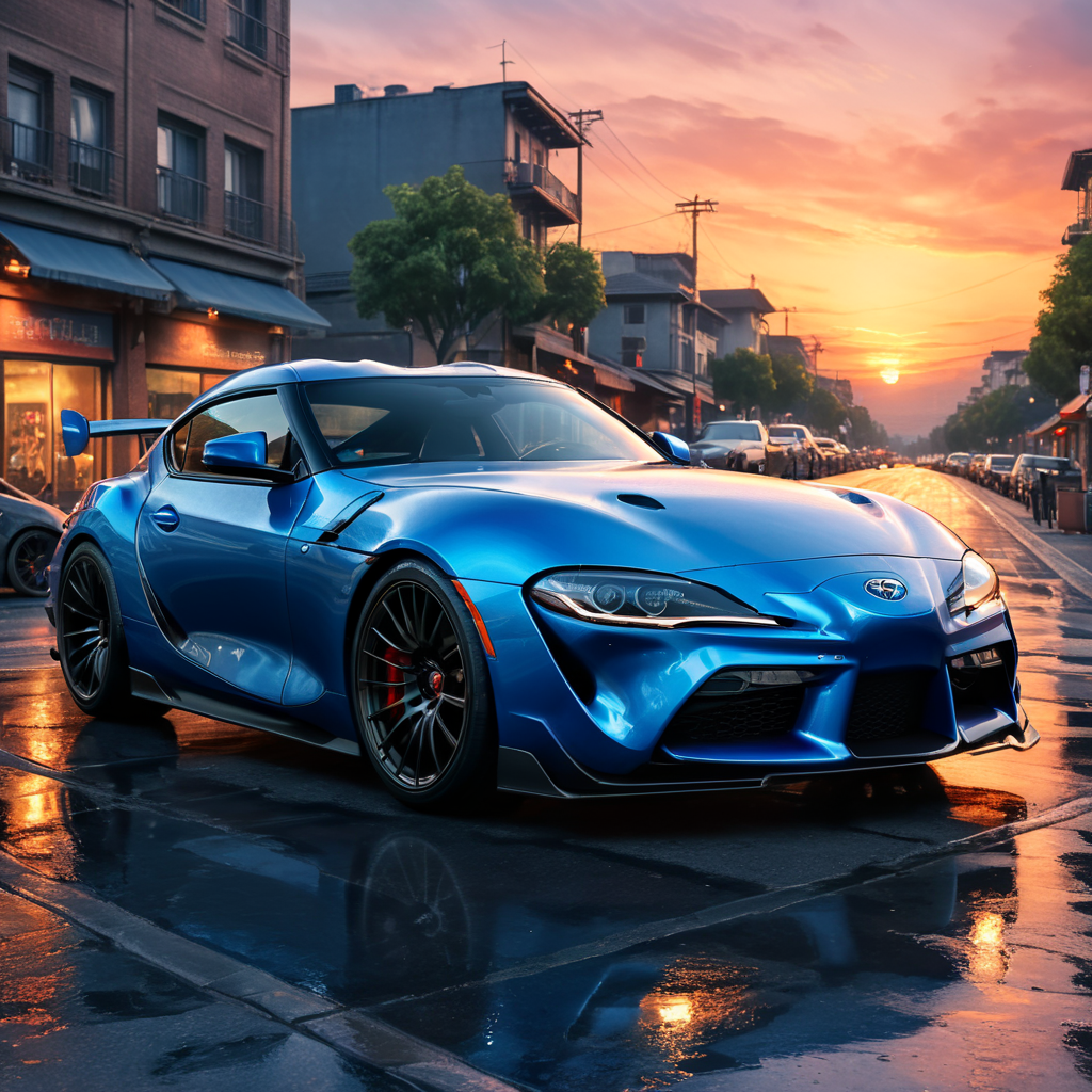 Premium Free ai Images | blue toyota supra on city street at sunset ...