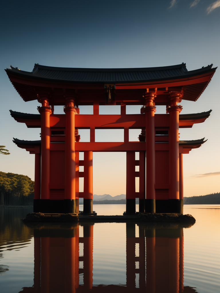 Premium Free ai Images | red torii gate in middle of lake dense forest ...