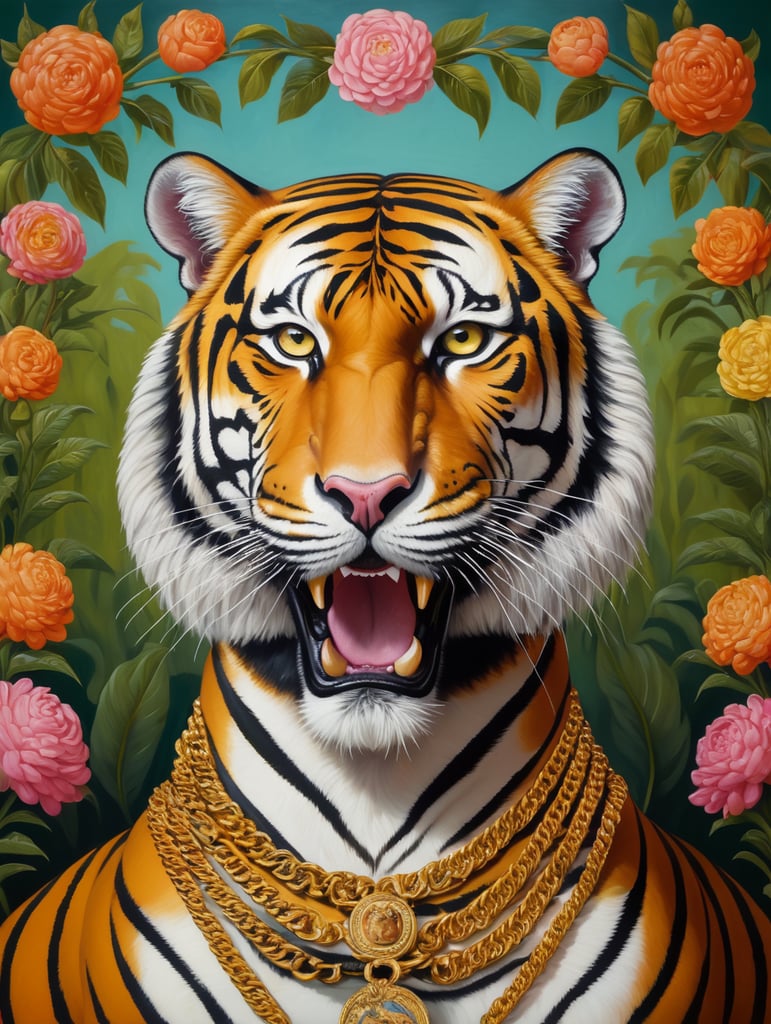 Premium Free ai Images | brutal tiger with gold chain on neck flowers ...