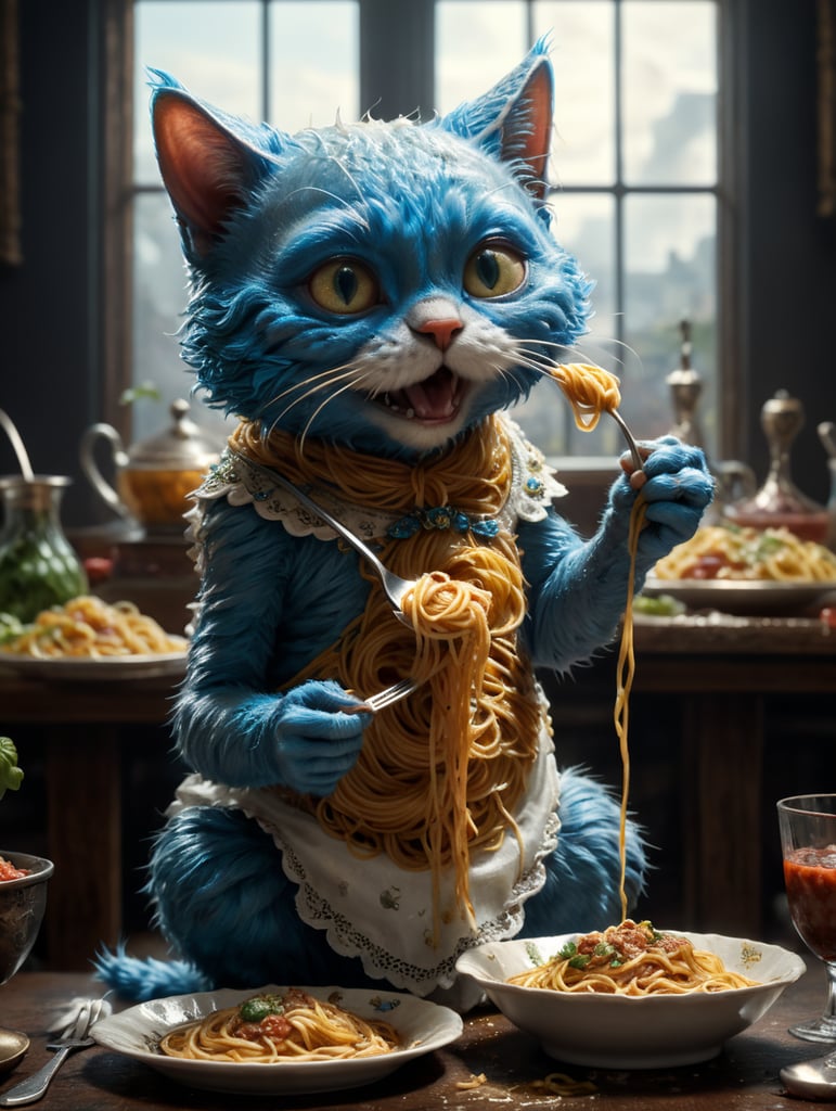 Premium Free ai Images | cat smurf wearing dress and eating spaghetti