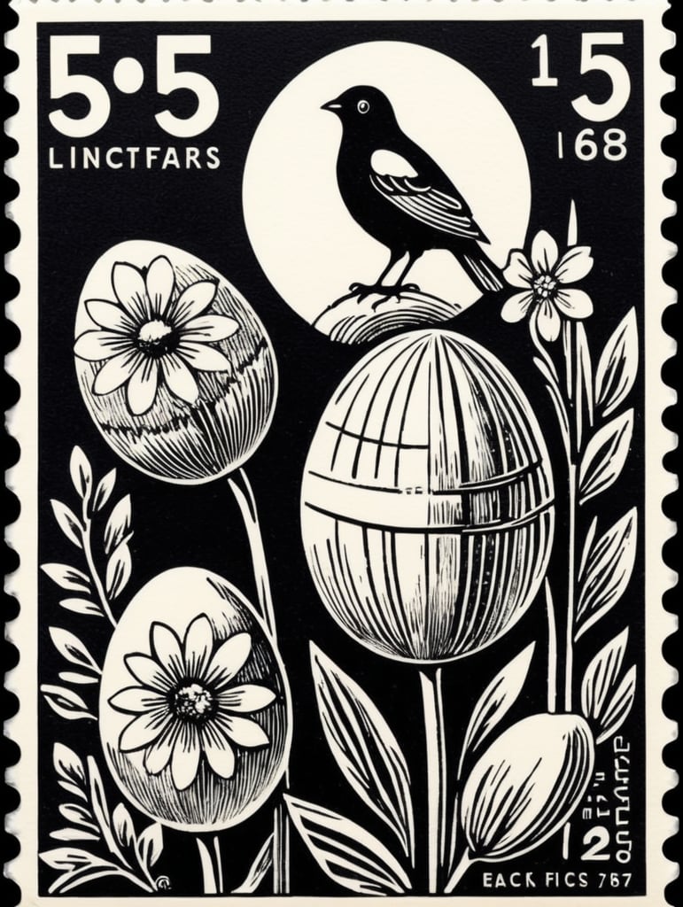 Premium Free ai Images | black and white linocut postage stamp easter ...