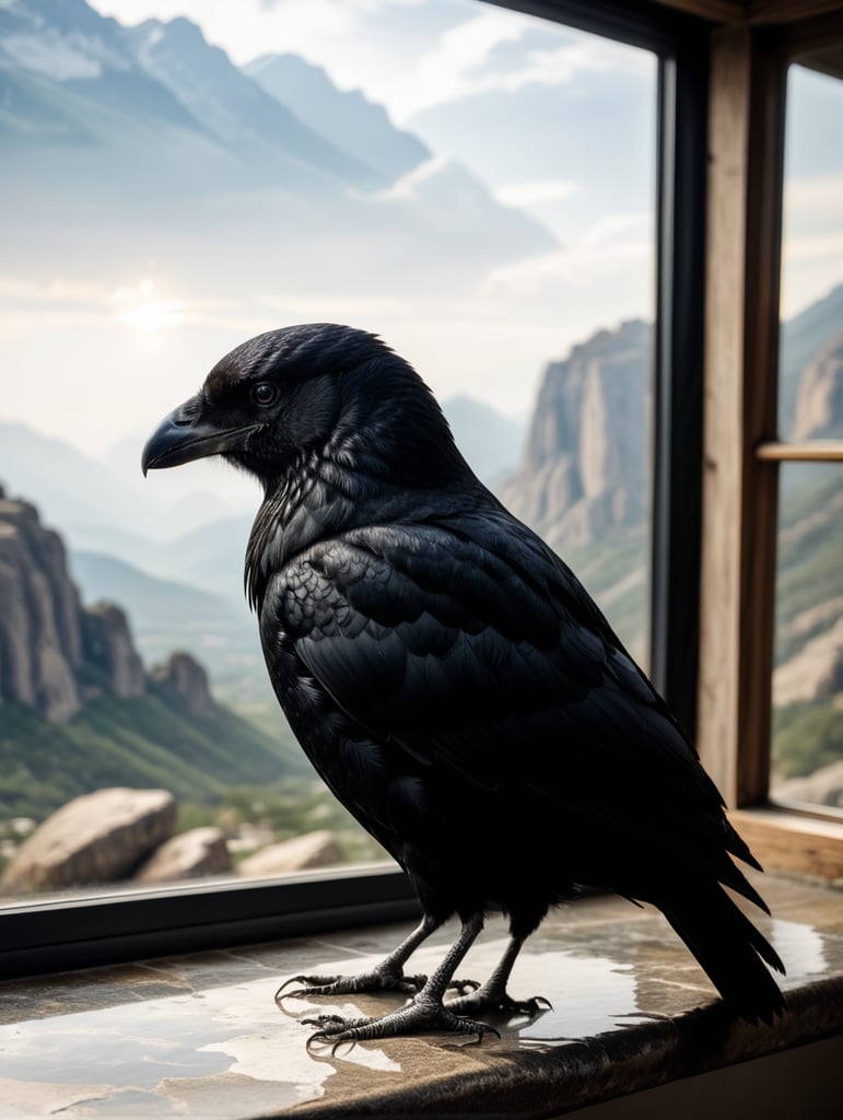 Premium Free ai Images | black crow posing on window behind it rocky ...