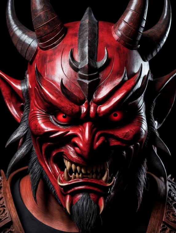 Premium Free ai Images | wooden red japanese demon mask with fangs and ...