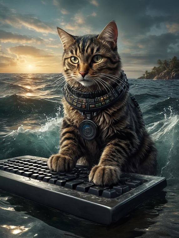 Premium Free ai Images | cat holding computer keyboard in the ocean