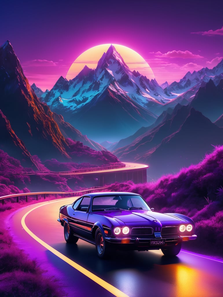 Premium Free ai Images | retrowave landscape retro car on the road ...