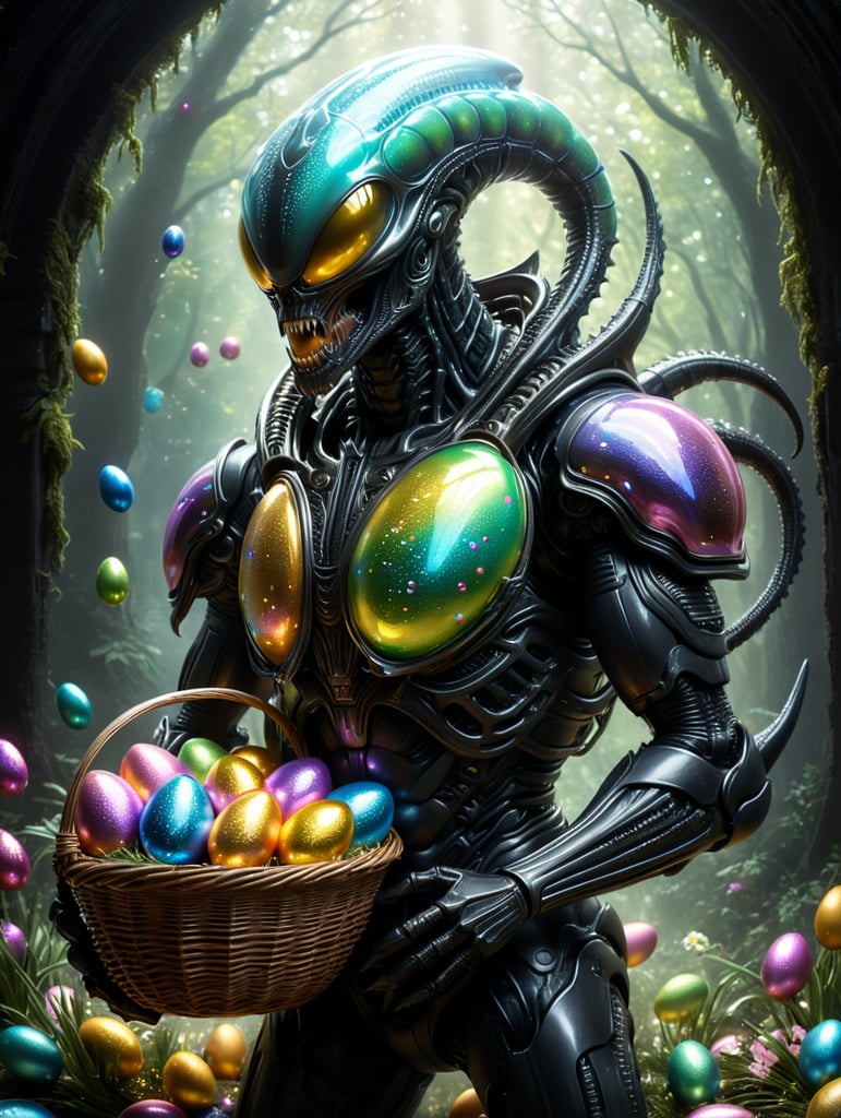 Premium Free ai Images | iridescent xenomorph carrying basket of easter eggs glitter shiny ...