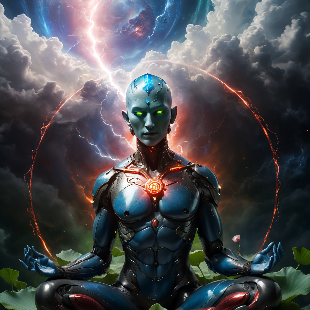 Premium Free ai Images | cyborg write aura blue skin baldness white ...
