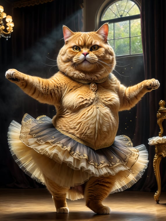 Premium Free ai Images | giant fat golden british cat in tutu dancing ...