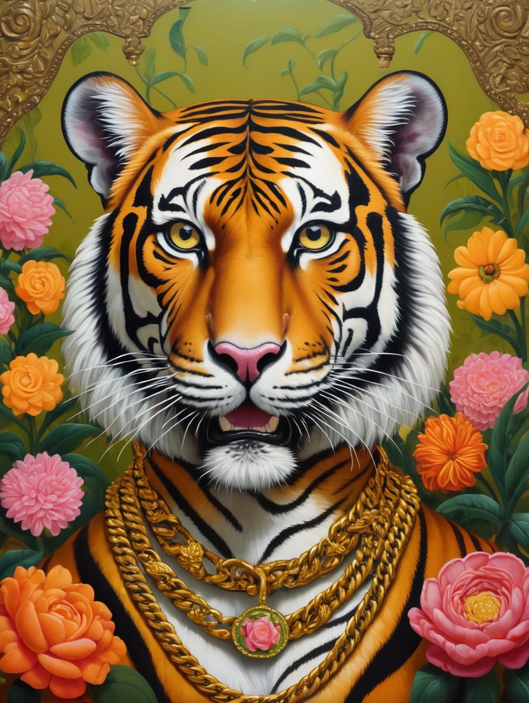 Premium Free ai Images | brutal tiger with gold chain on neck flowers ...