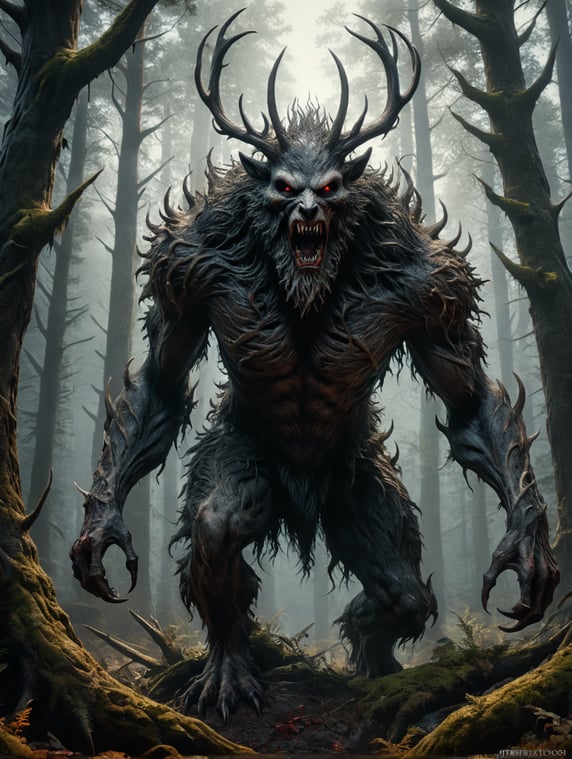 Premium Free ai Images | horror movie creature wendigo dark forest ...