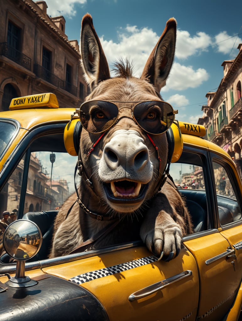 Premium Free ai Images | donkey taxi driver donkey sitting behind the wheel of taxi close up ...