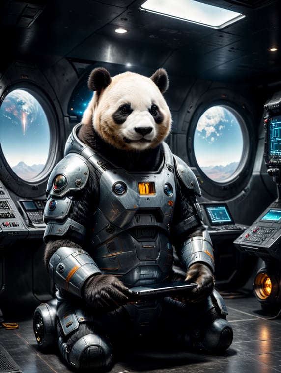 Premium Free ai Images | big panda in space suit sitting on the floor ...