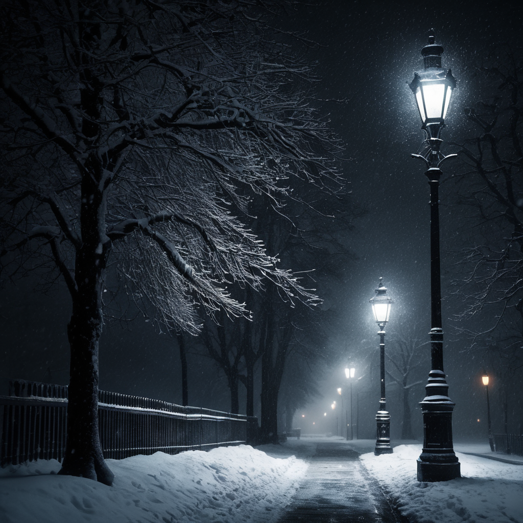 Lamp Post At Night Snow