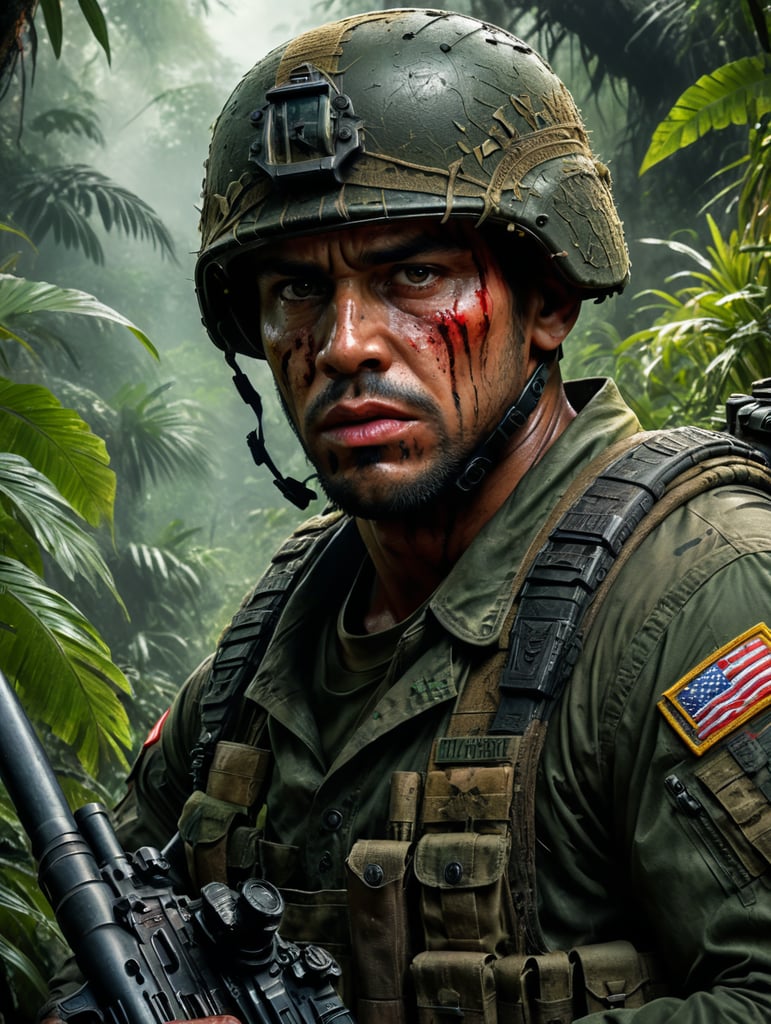 Premium Free ai Images | soldier jungle stare tired blood
