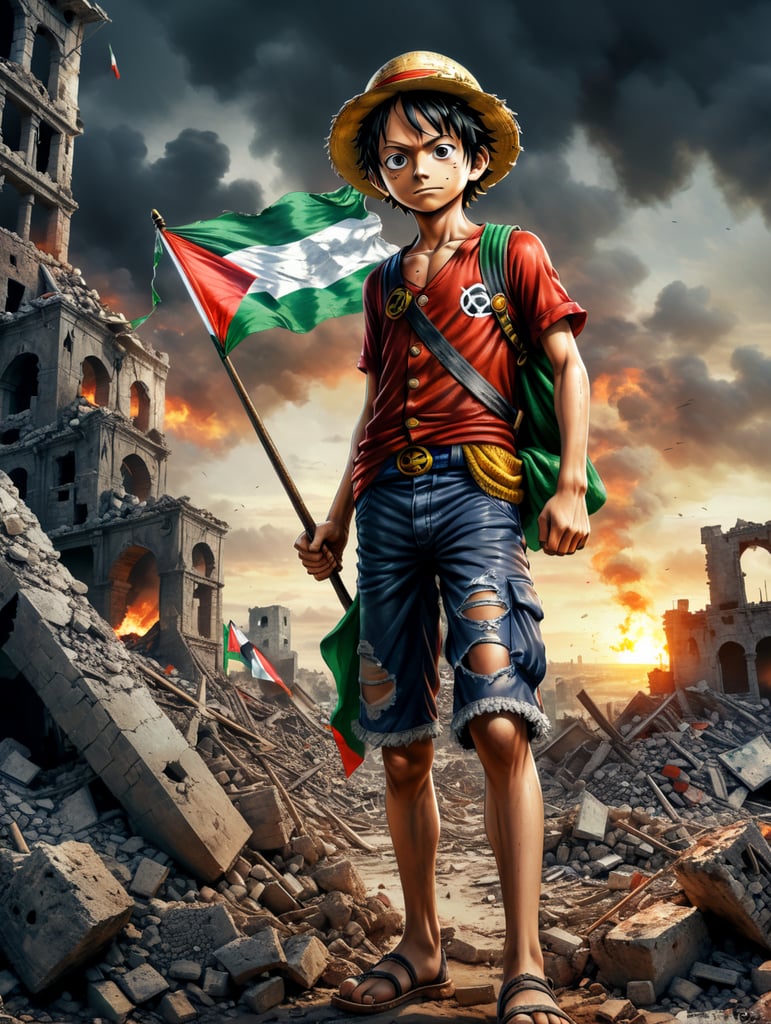Premium Free ai Images | one piece luffy young carrying palestine flag ...