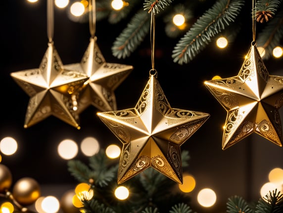 Premium Free ai Images | gold christmas star ornaments hanging from strings