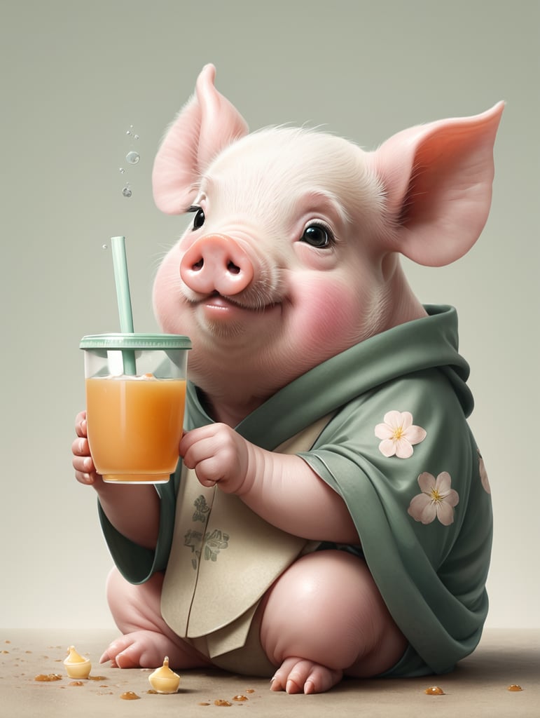 Premium Free ai Images | cute pig drinking boba