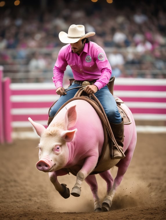 Premium Free ai Images | rodeo cowboy riding wild pink piggy rodo arena