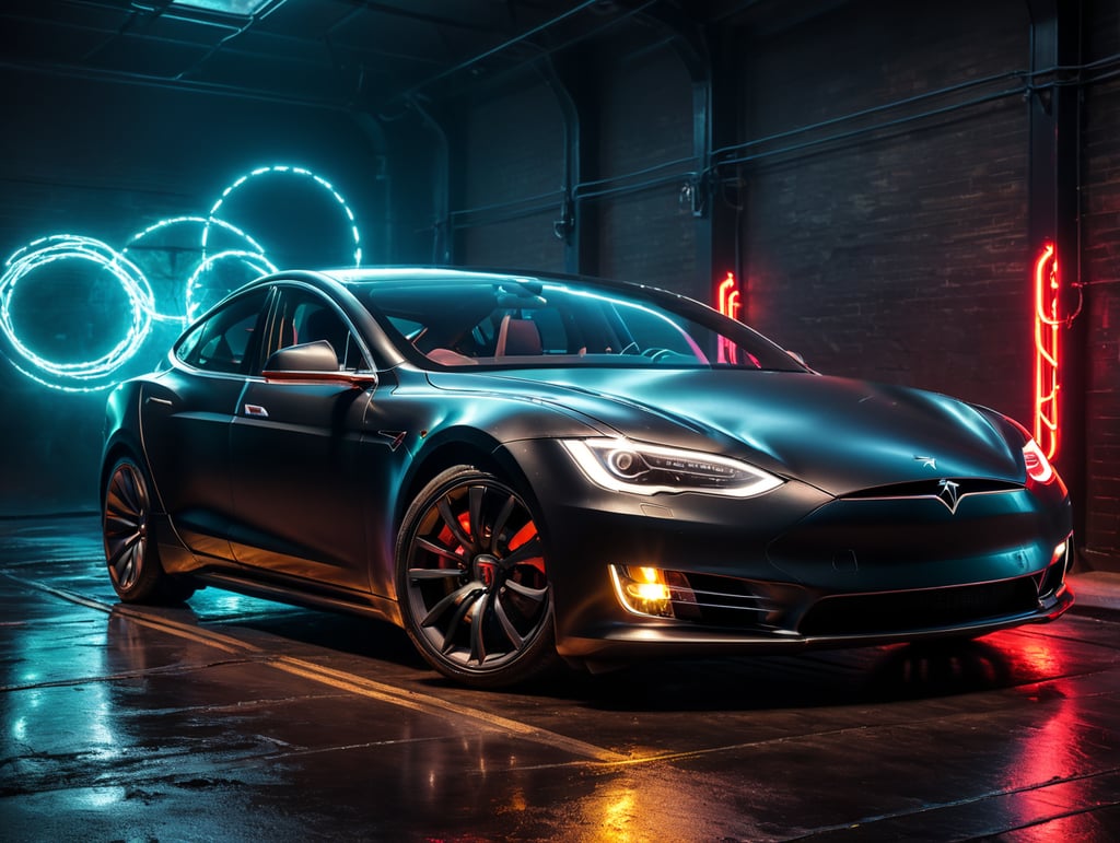 Premium Free ai Images | highly detailed clean tesla car with neon ...