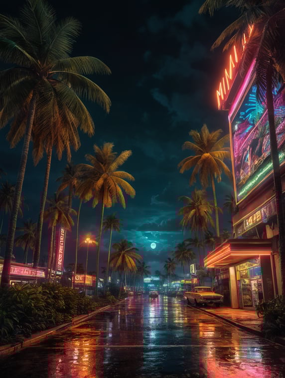 Premium Free ai Images | miami neon lights nighttime palm trees