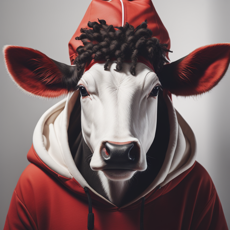 Lumenor AI Image Generation - hip hop white cow portrait in red hoodie ...