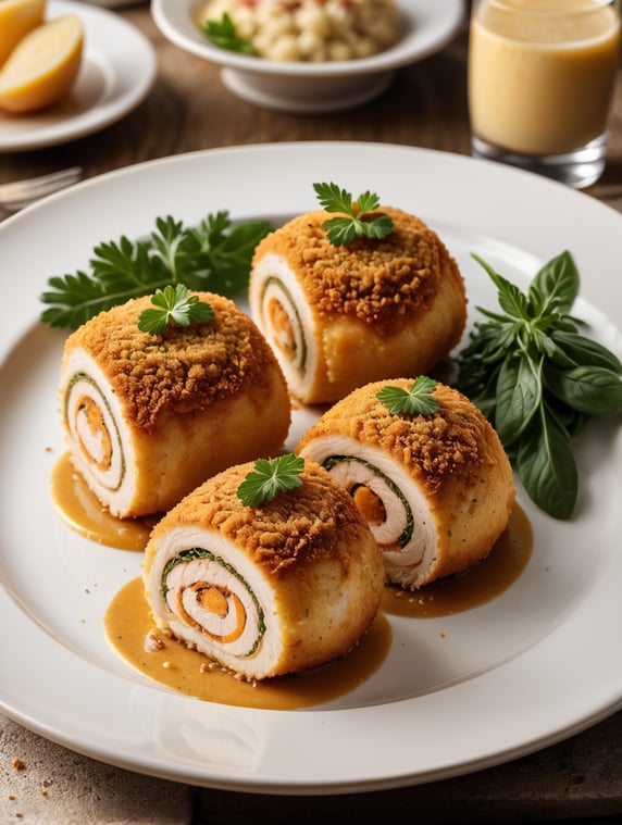 Premium Free ai Images | rolade ayam kentang balut tepung panir plating ...