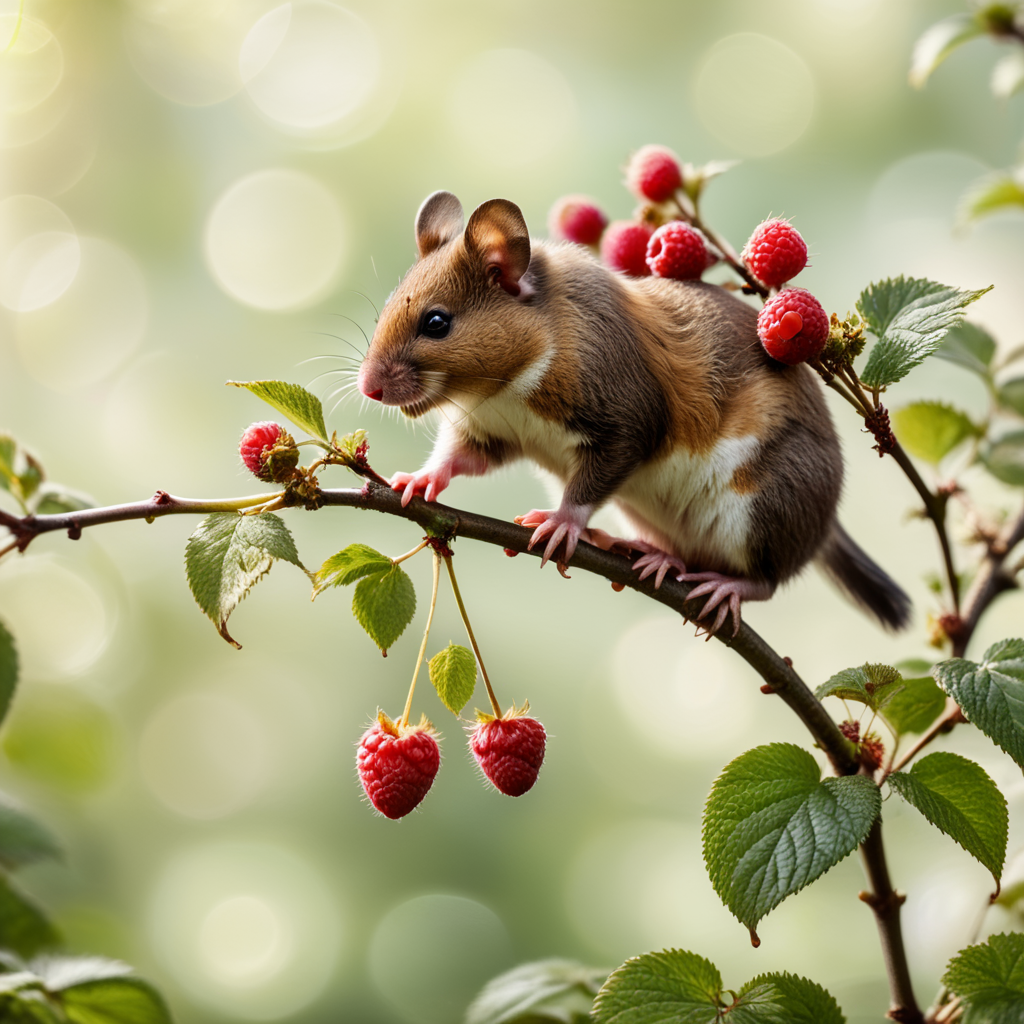 Premium Free ai Images | mouse sitting on raspberry branch bokeh background