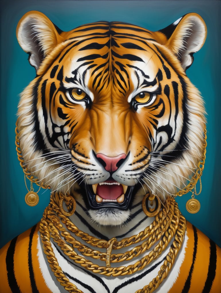 Premium Free ai Images | angry tiger with gold chain on neck style of ...