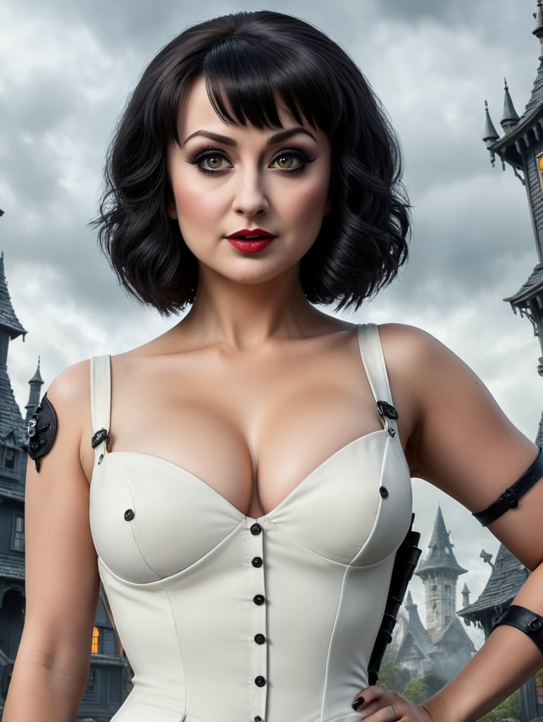 Premium Free ai Images | milana vayntrub dressed as elvira with mini dressed as gru set against ...