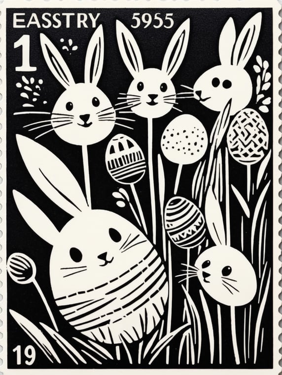 Premium Free ai Images | black and white linocut postage stamp easter ...