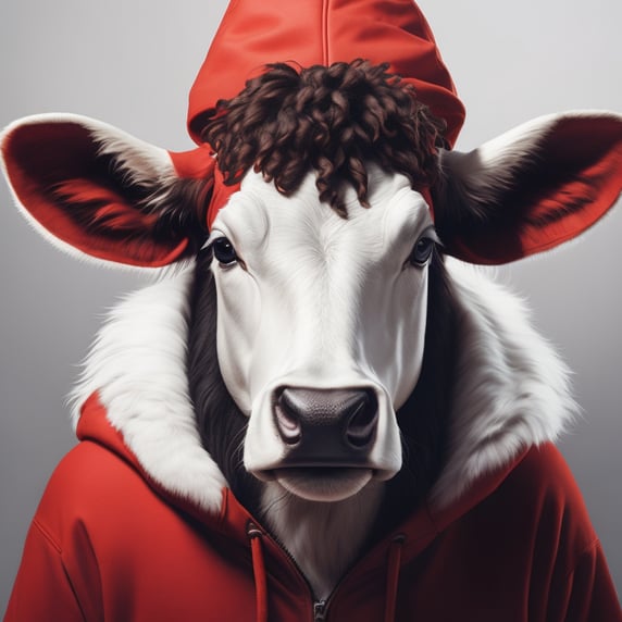 Premium Free ai Images | hip hop white cow portrait in red hoodie ...