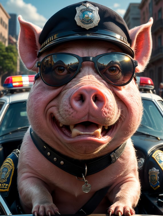 Premium Free ai Images | angry pig police officer sitting behind the ...