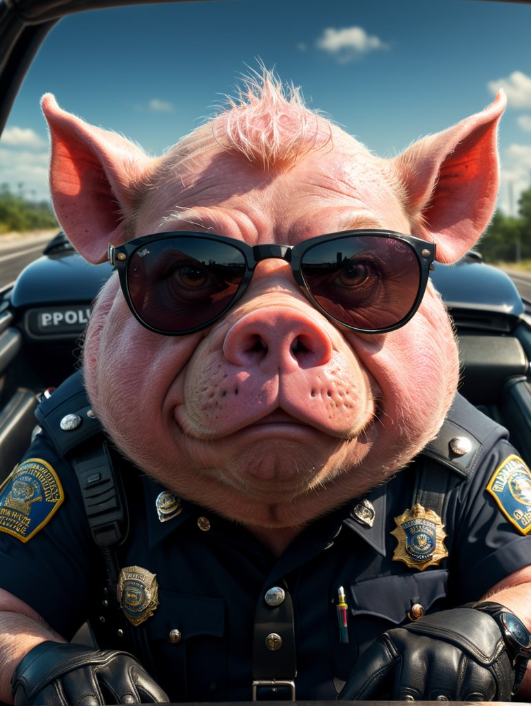 Premium Free ai Images | angry pig police officer sitting behind the ...