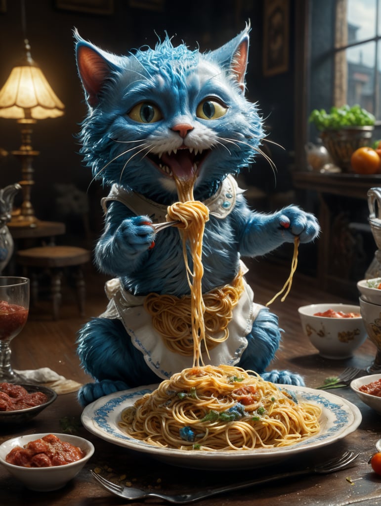 Premium Free ai Images | cat smurf wearing dress and eating spaghetti