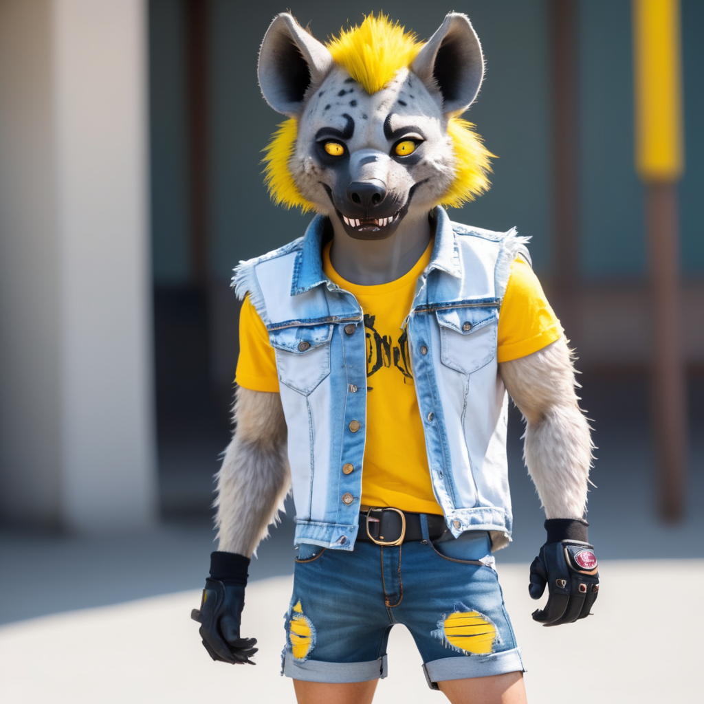 Premium Free ai Images | furry hyena with yellow eyes wearing cutoff ...