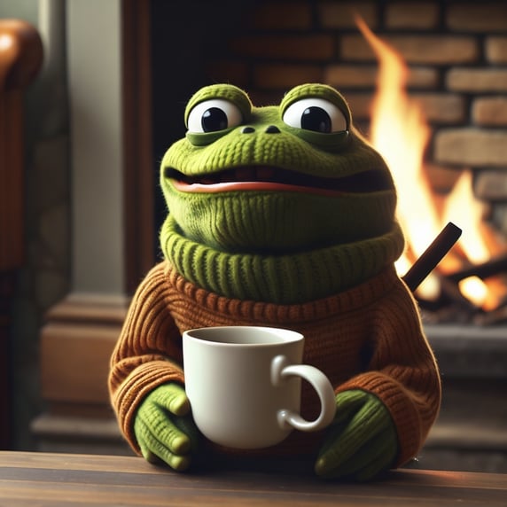 Premium Free ai Images | tiny pepe the frog sipping tea wearing cozy ...