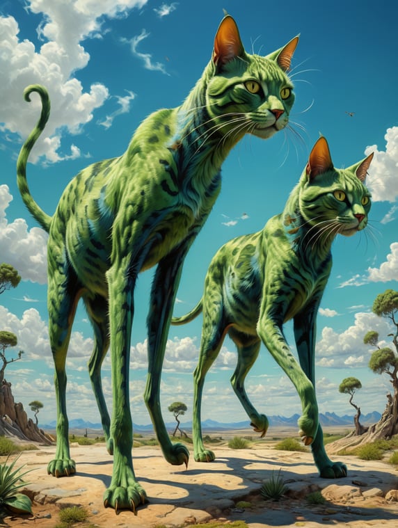 Premium Free ai Images | green cats with very long thin legs painted in ...