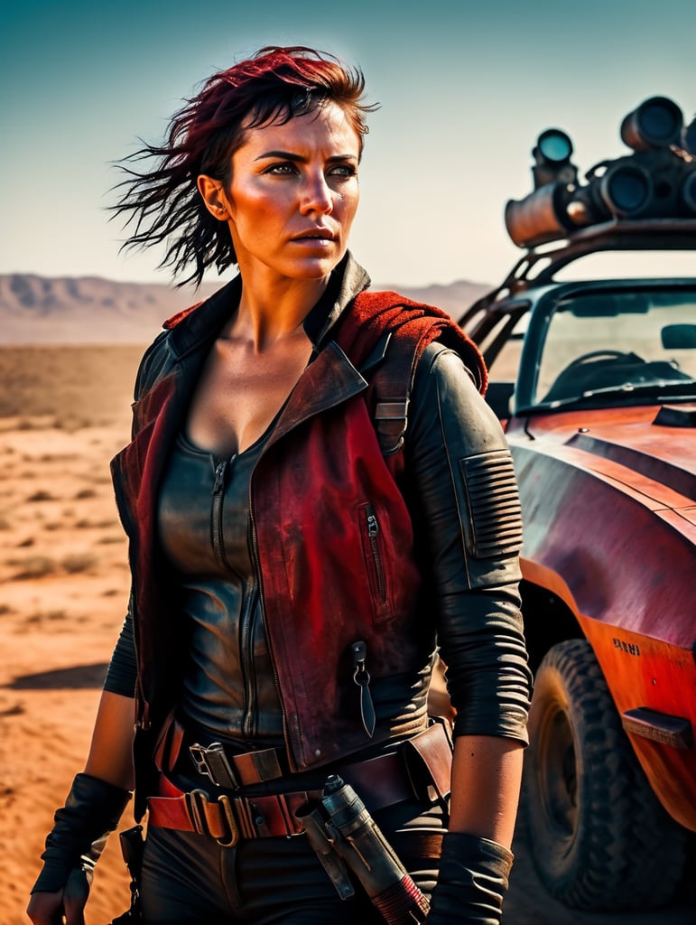 Premium Free ai Images | red woman protagonist dystopian theme mad max ...