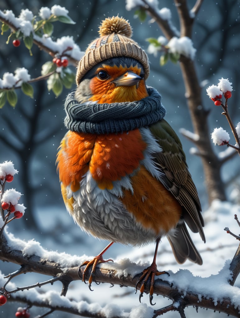 Premium Free ai Images | robin sitting on snowy branch wearing woolly ...