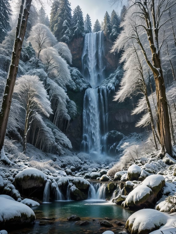Premium Free ai Images | snow forest with giant waterfalls