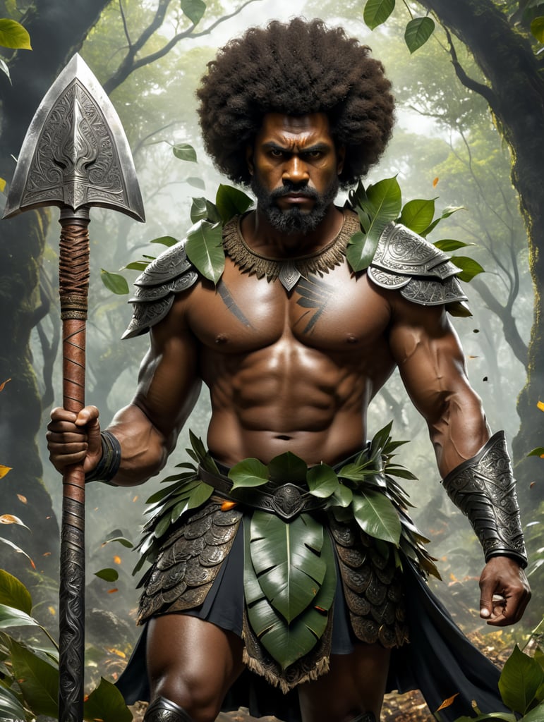 Premium Free ai Images | afro hair fijian man warrior holding war club ...