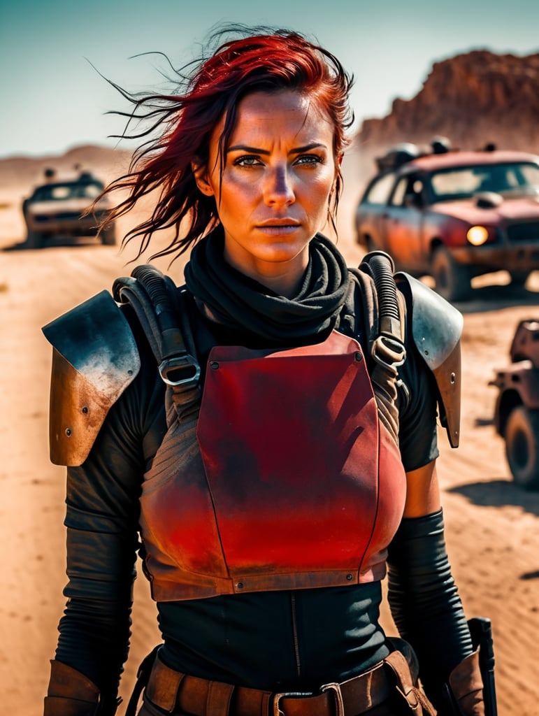 Premium Free ai Images | red woman protagonist dystopian theme mad max ...